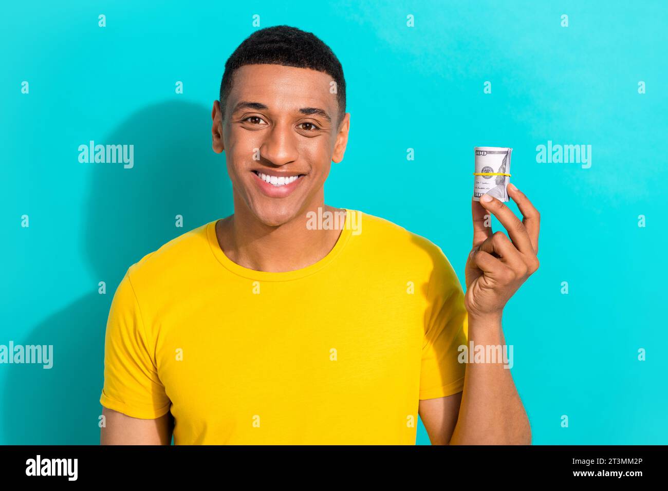 Portrait of positive person beaming smile arm hold dollar bills ...