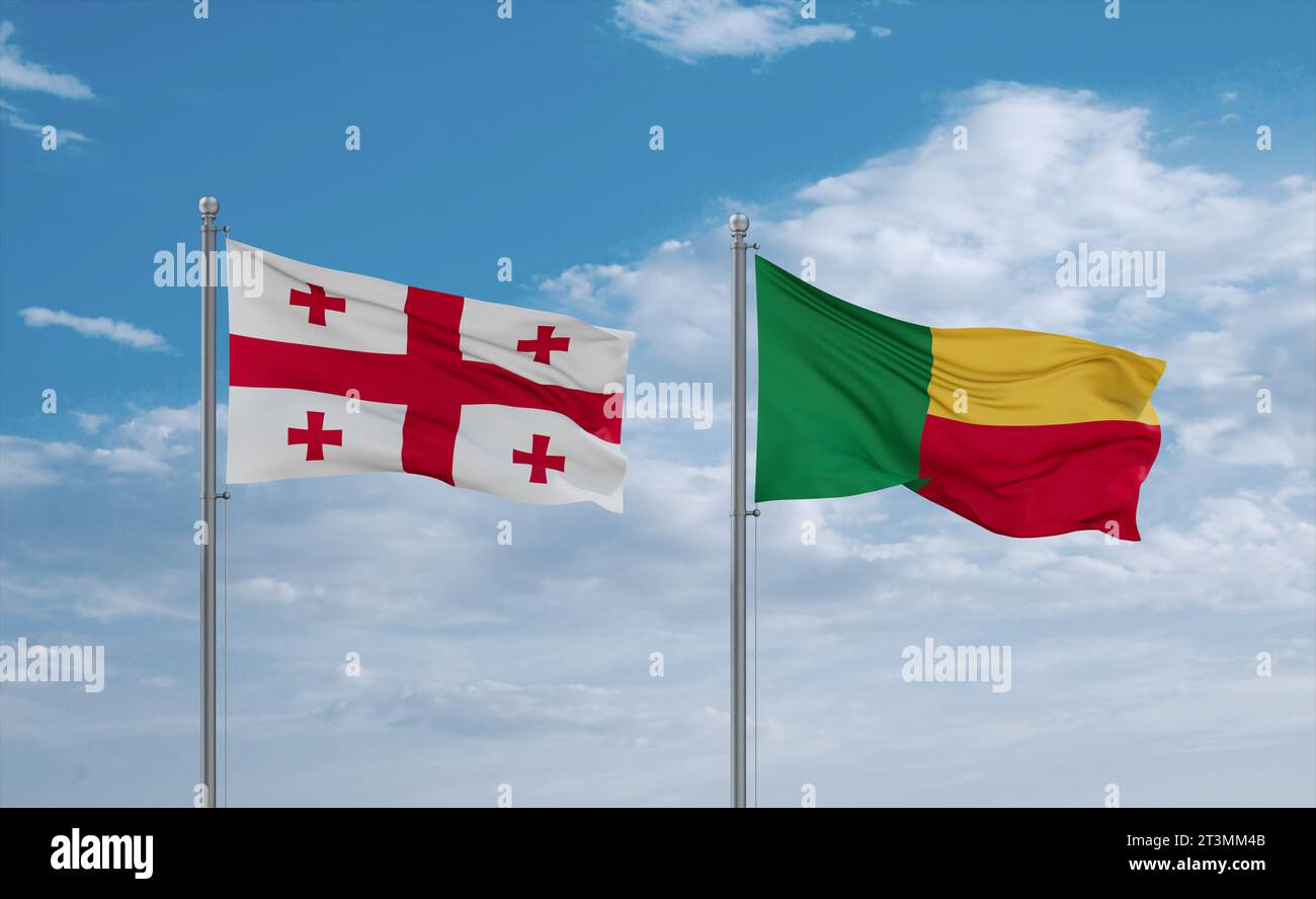 Benin and Georgia flags waving together on blue cloudy sky, two country ...