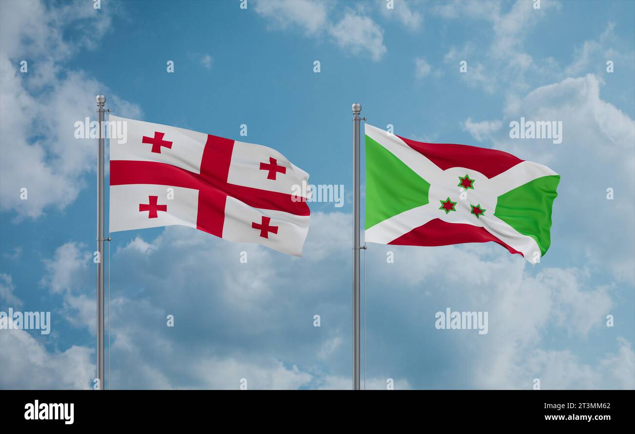 Burundi and Georgia flags waving together on blue cloudy sky, two ...