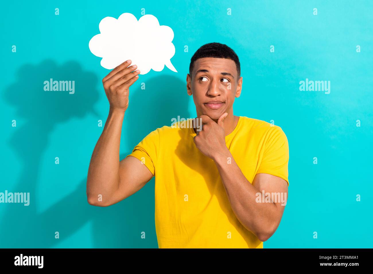 Portrait of minded pensive man hand touch chin look empty space cloud ...