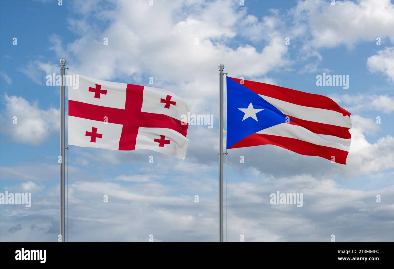 Puerto Rico and Georgia flags waving together in the wind on blue ...