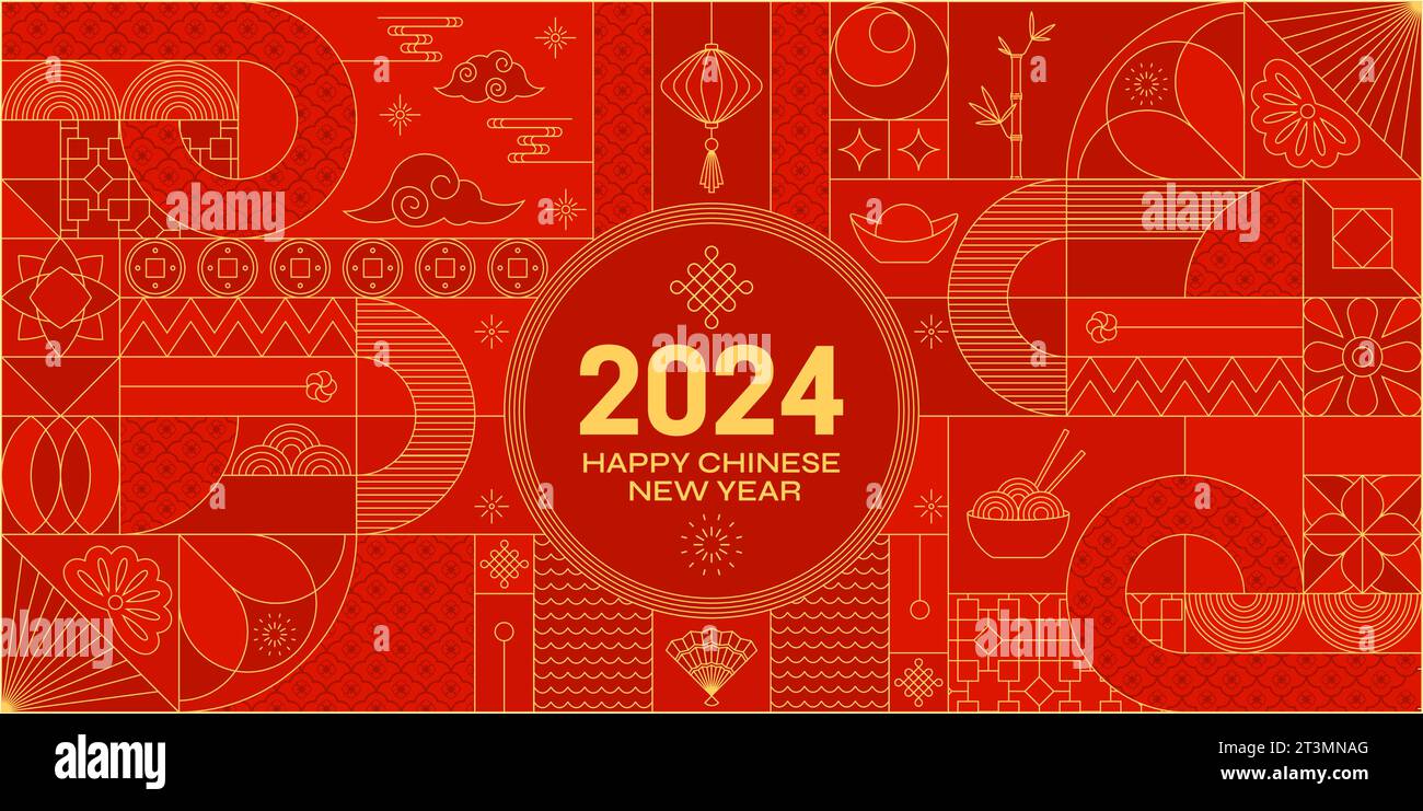 Red gold 2024 Chinese Dragon Lunar New Year card. Modern geometrical banner Stock Vector Image ...