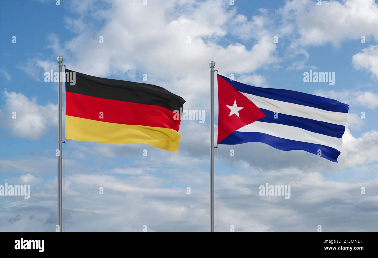 Cuba and Germany flags waving together in the wind on blue cloudy sky ...