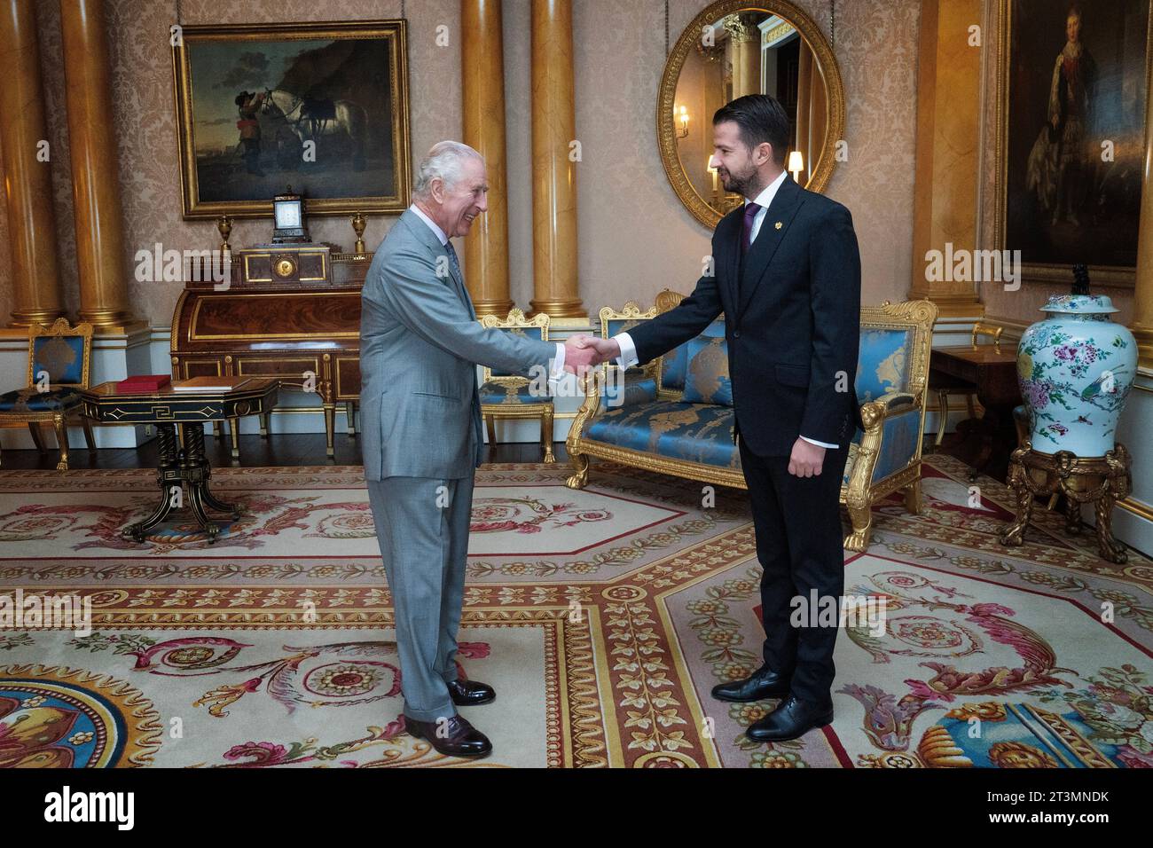 King Charles III (left) receives the Prime Minister of Montenegro ...