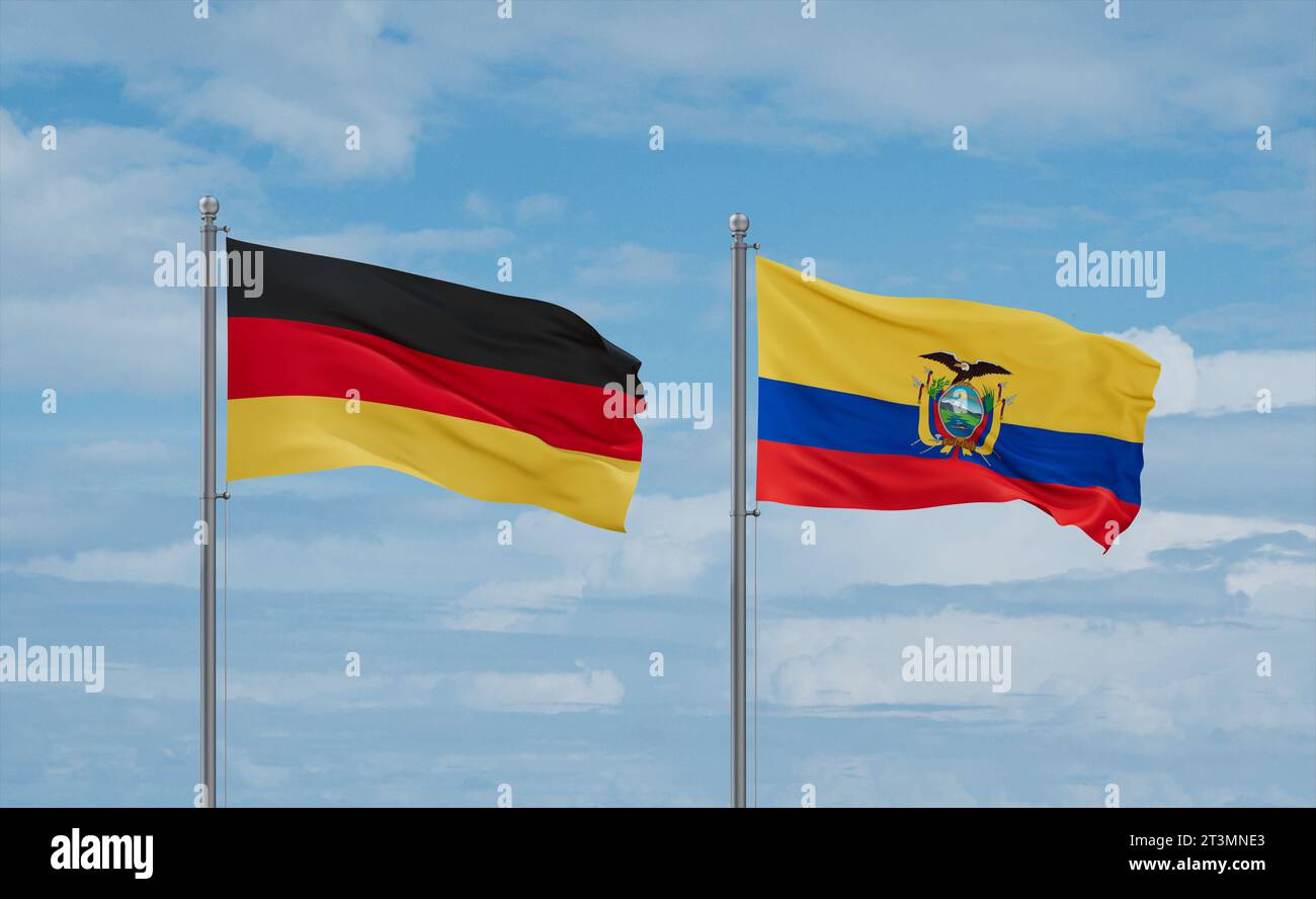 Ecuador and Germany flags waving together on blue cloudy sky, two ...