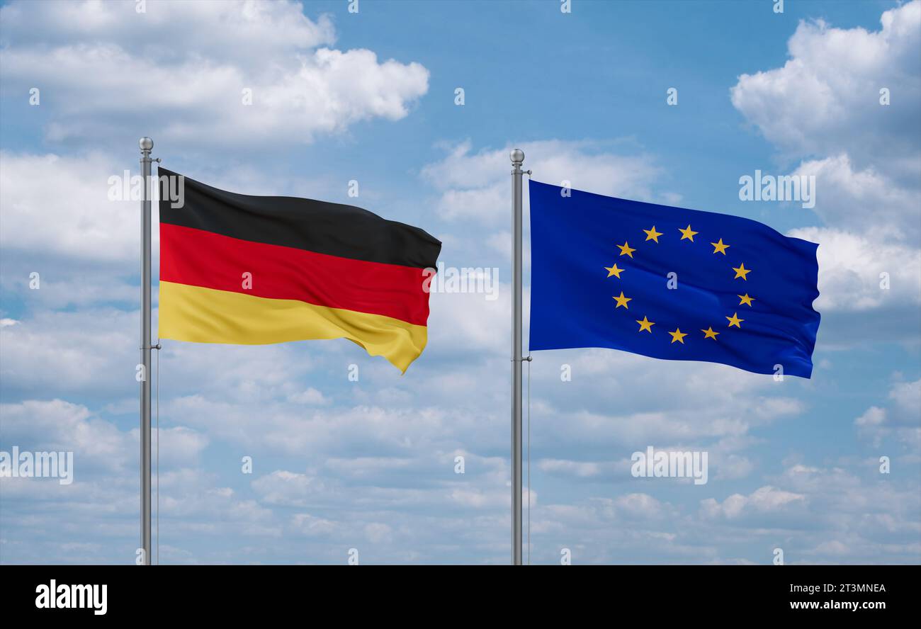 European Union and Germany flags waving together in the wind on blue ...
