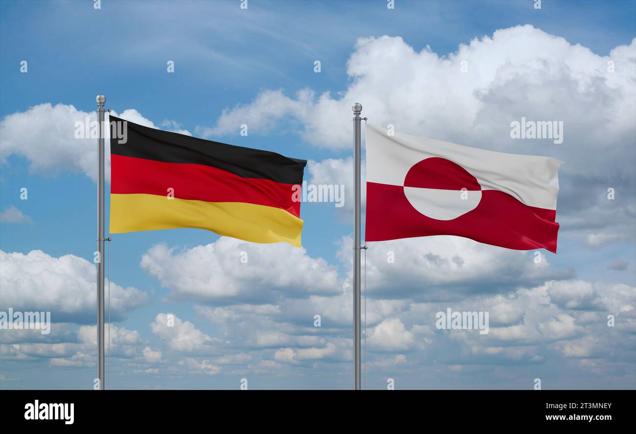 Greenland and Germany flags waving together on blue cloudy sky, two country relationship concept ...
