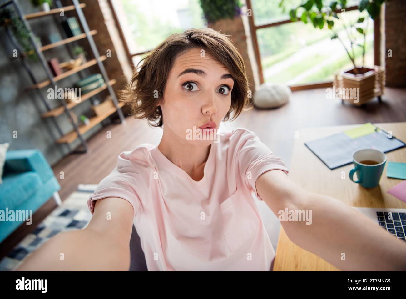 Selfie photo of young funky joking girl pouted lips positive recording ...