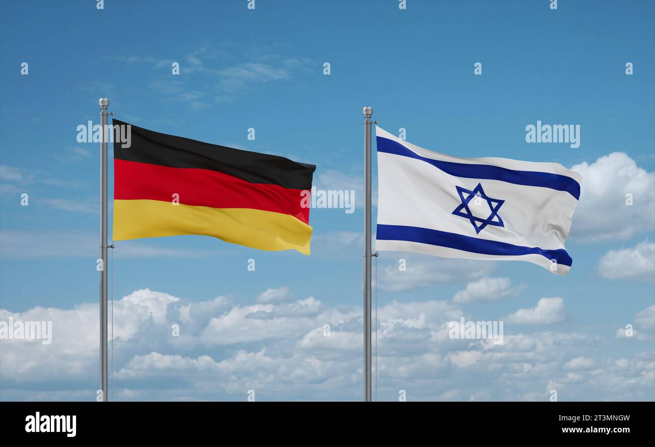 Israel and Germany flags waving together on blue cloudy sky, two ...