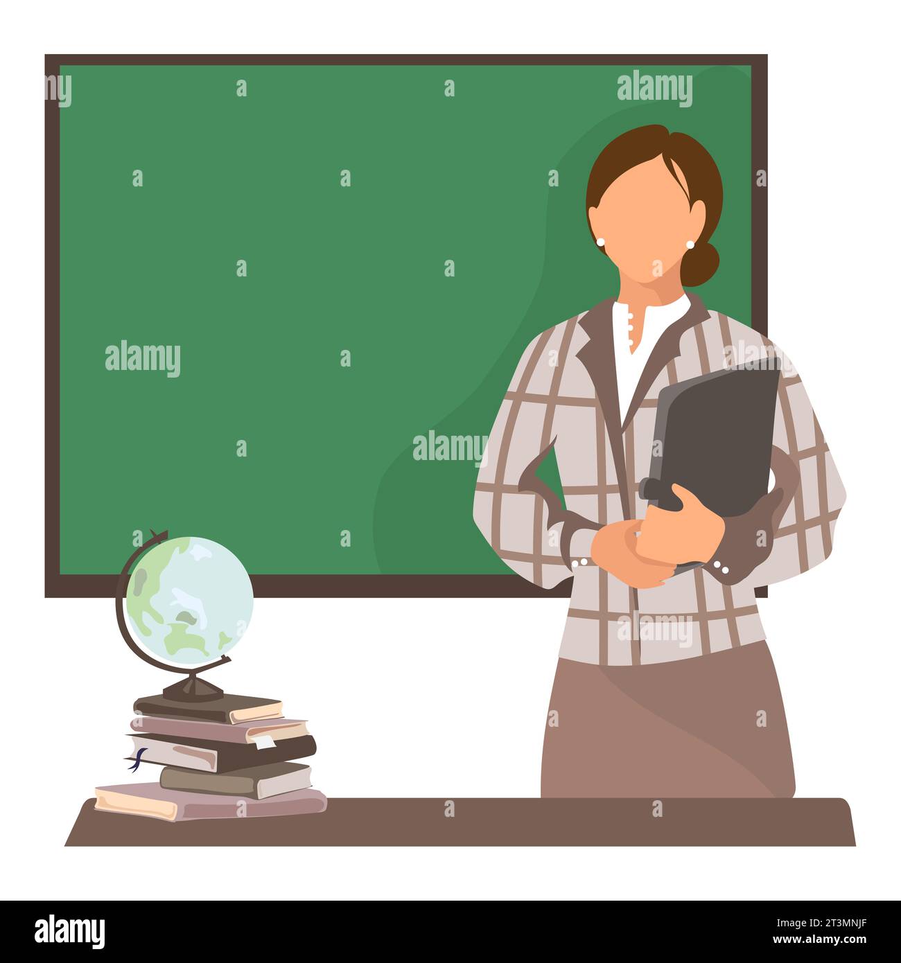 Young teacher with a green empty chalk board and a table with books and ...