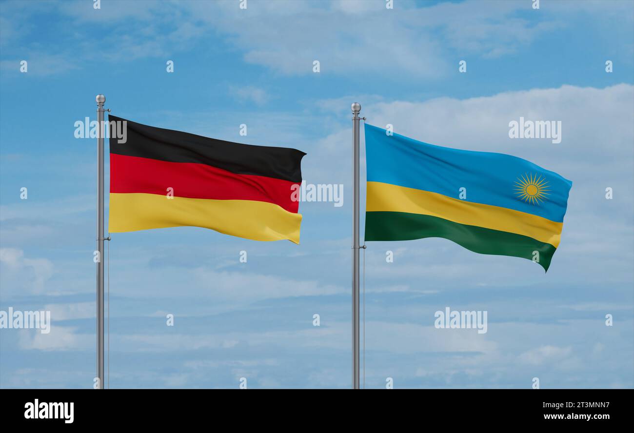 Republic of Rwanda and Germany flags waving together in the wind on ...
