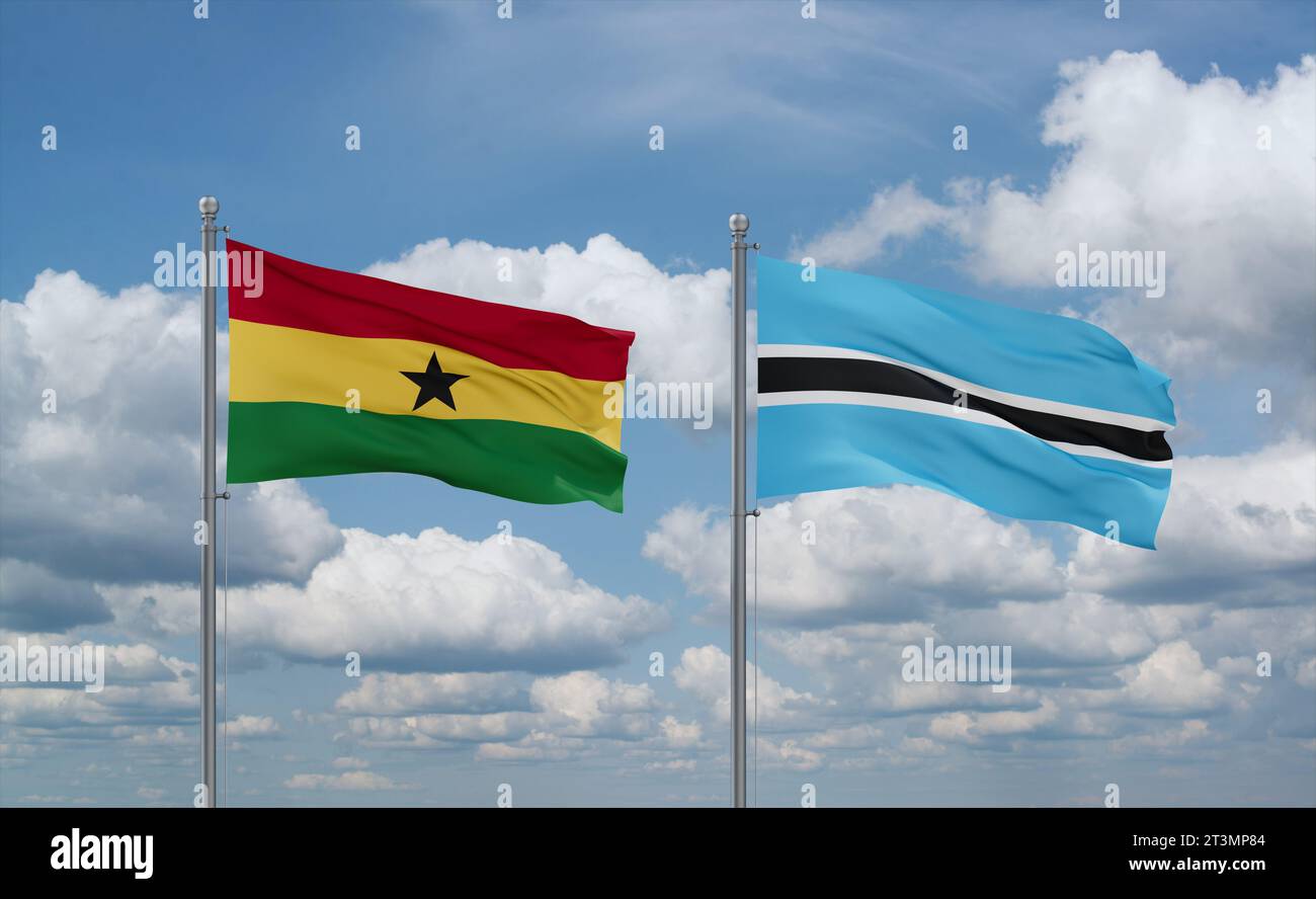 Botswana and Ghana flags waving together on blue cloudy sky, two ...
