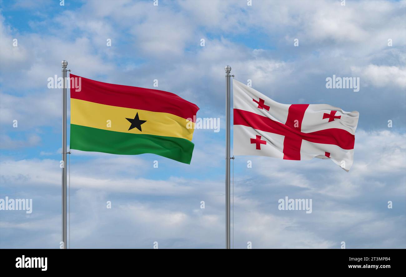 Georgia and Ghana flags waving together on blue cloudy sky, two country ...