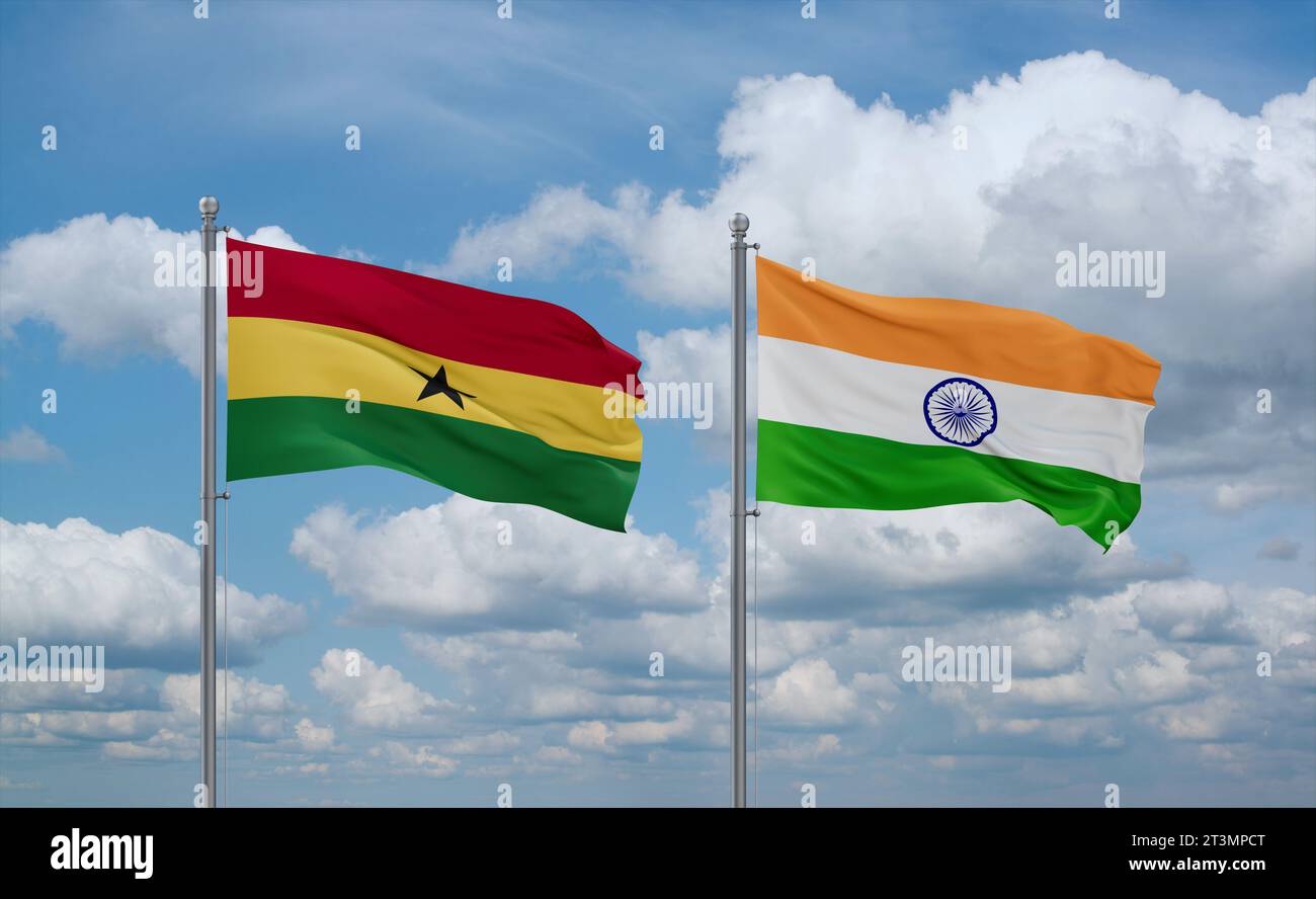 India and Ghana flags waving together on blue cloudy sky, two country ...