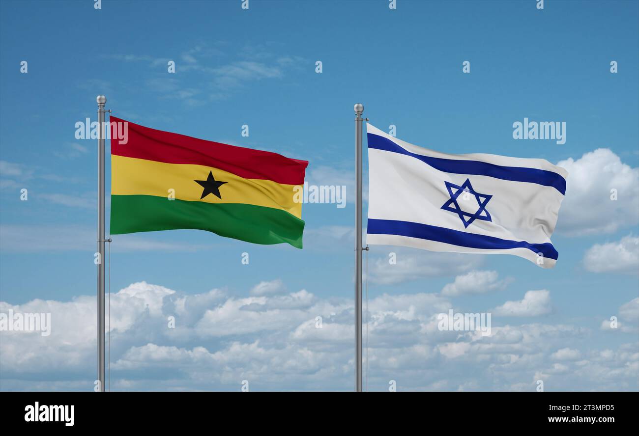 Israel and Ghana flags waving together on blue cloudy sky, two country ...
