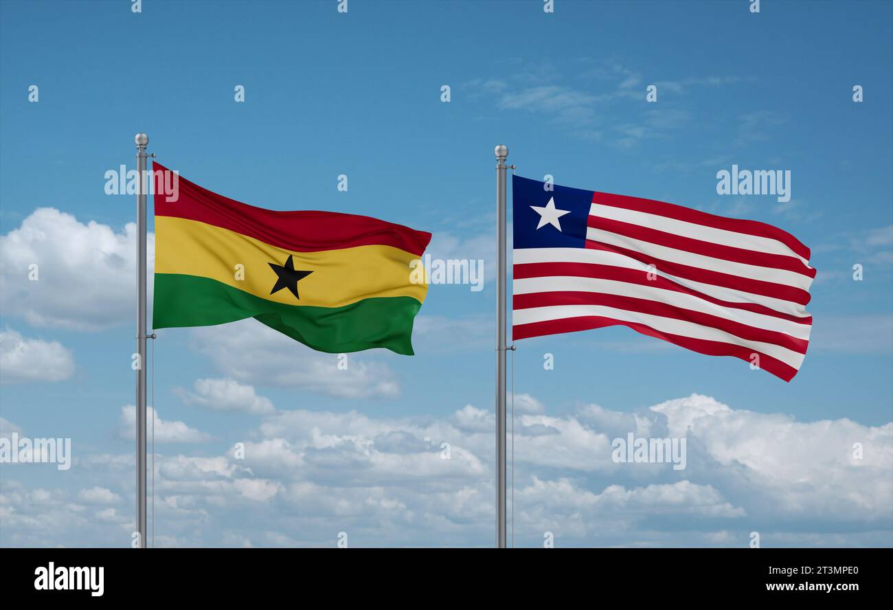 Liberia and Ghana flags waving together in the wind on blue cloudy sky ...