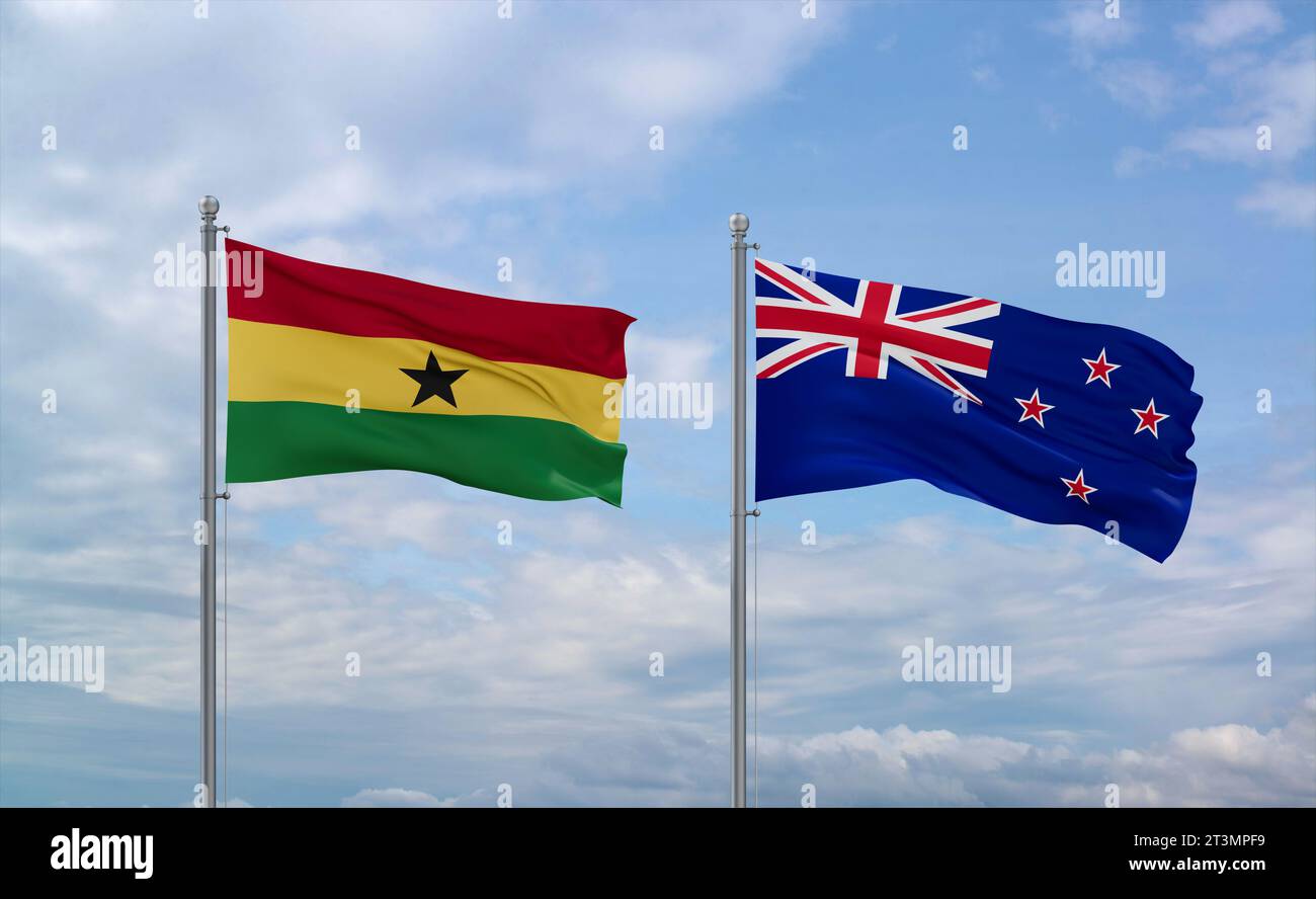 New Zealand and Ghana flags waving together in the wind on blue cloudy ...