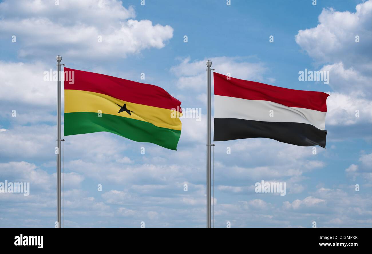 Yemen and Ghana flags waving together in the wind on blue cloudy sky ...
