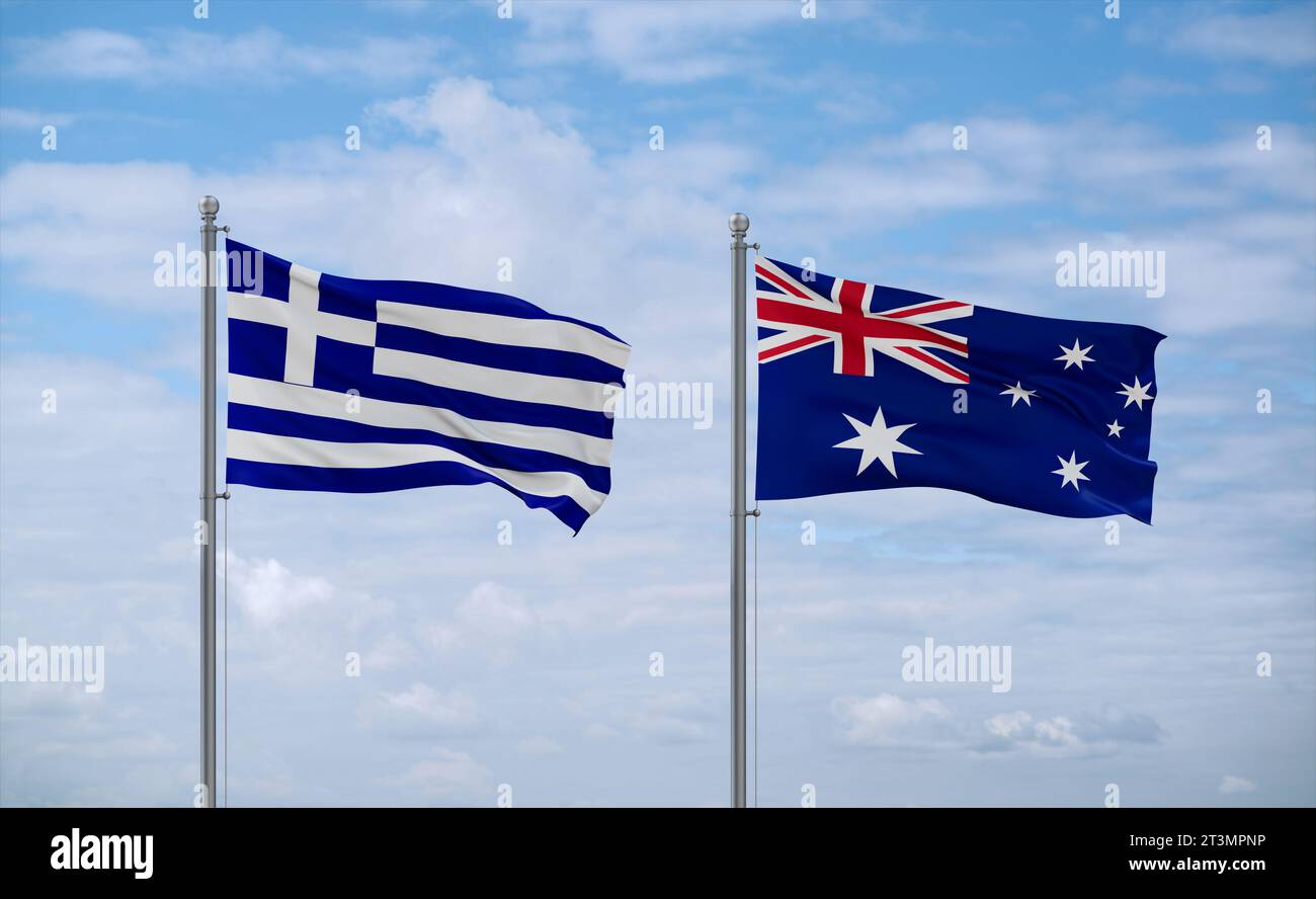 Australia and Greece flags waving together on blue cloudy sky, two ...