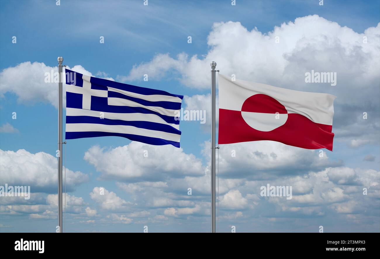 Greenland and Greece flags waving together on blue cloudy sky, two ...