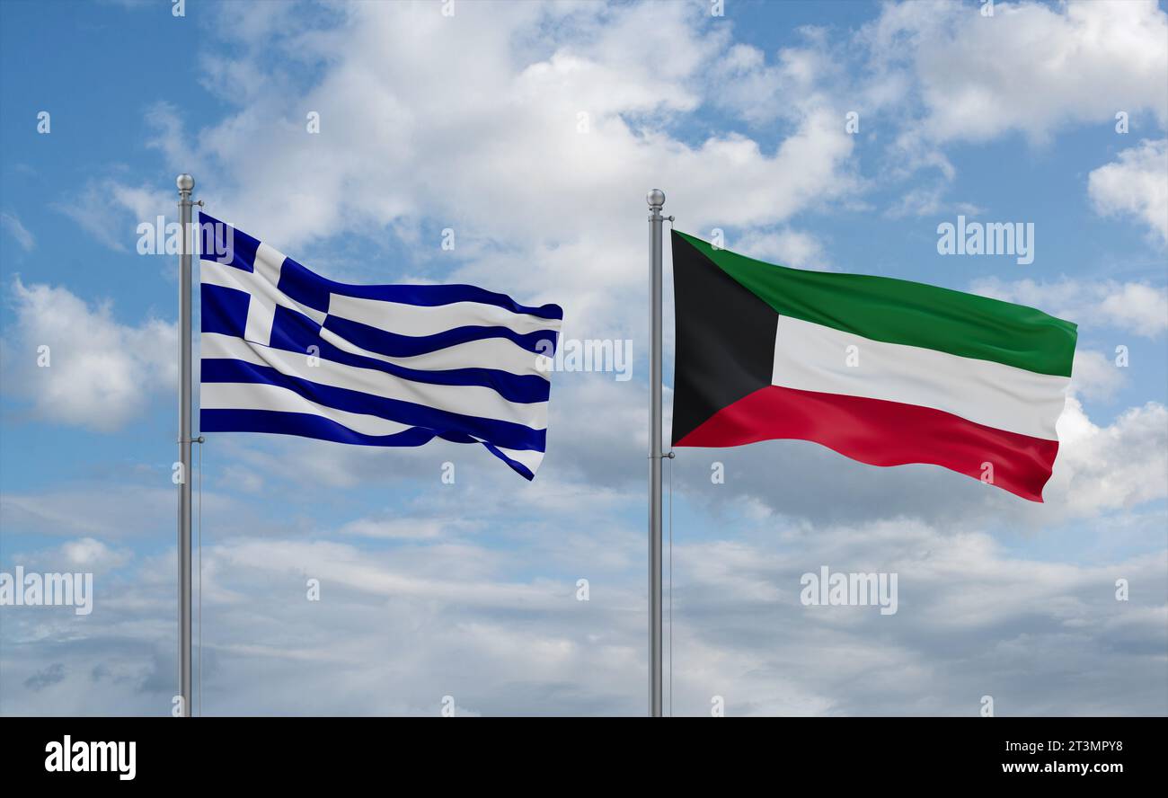 Kuwait and Greece flags waving together in the wind on blue cloudy sky ...