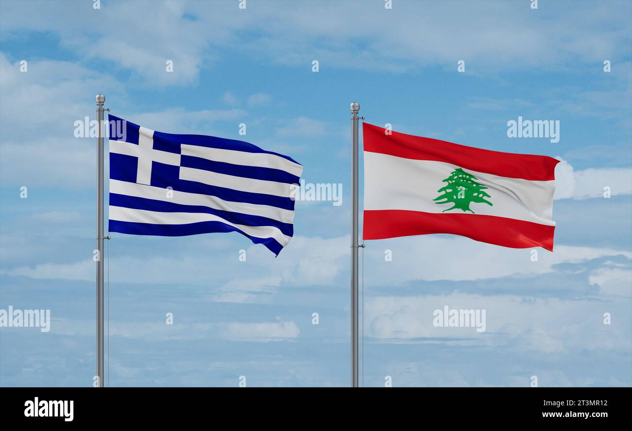 Lebanon and Greece flags waving together in the wind on blue cloudy sky ...