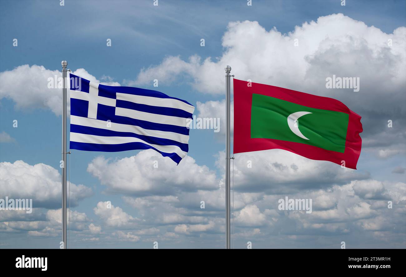 Maldives and Greece flags waving together on blue cloudy sky, two country relationship concept ...