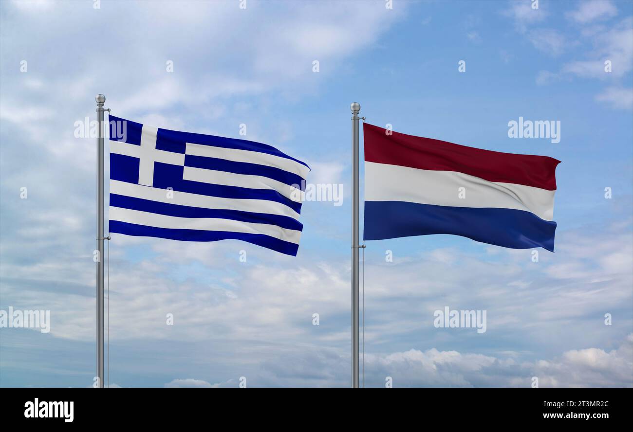 Netherlands and Greece flags waving together on blue cloudy sky, two ...