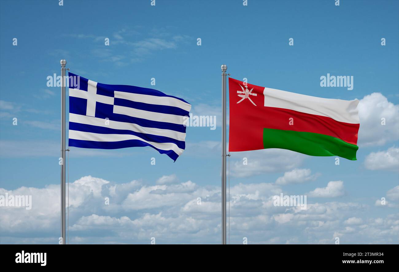 Oman and Greece flags waving together in the wind on blue cloudy sky ...