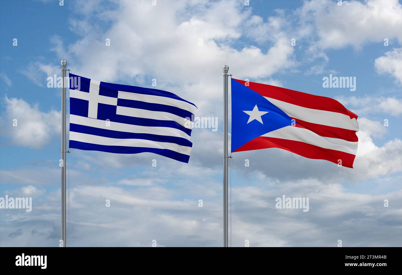 Puerto Rico and Greece flags waving together in the wind on blue cloudy sky, two country ...