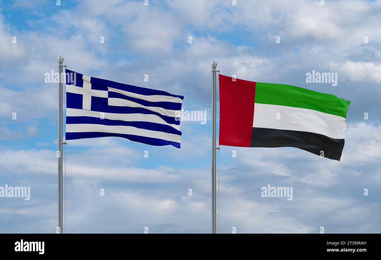 United Arab Emirates and Greece flags waving together in the wind on ...