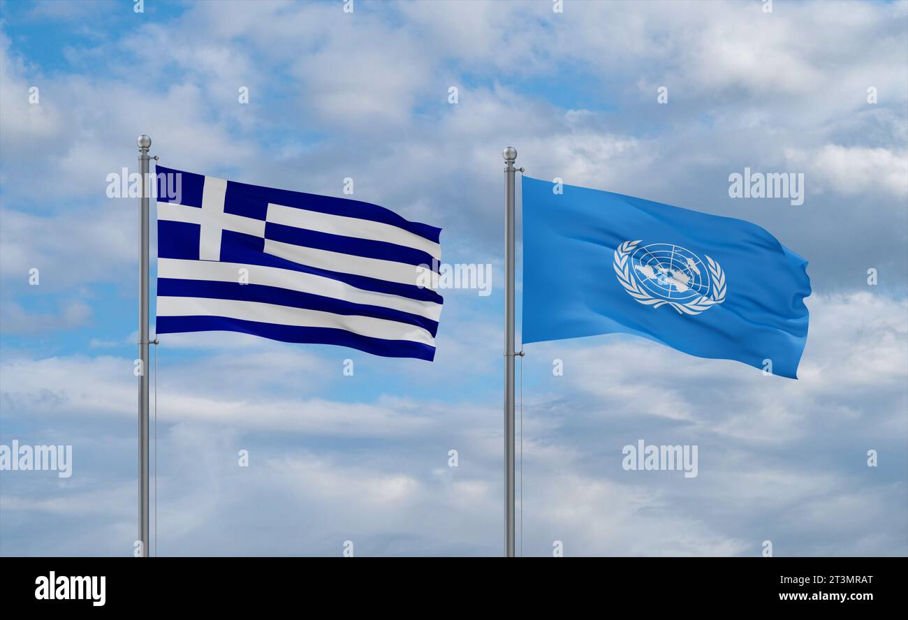 United Nations and Greece flags waving together in the wind on blue ...