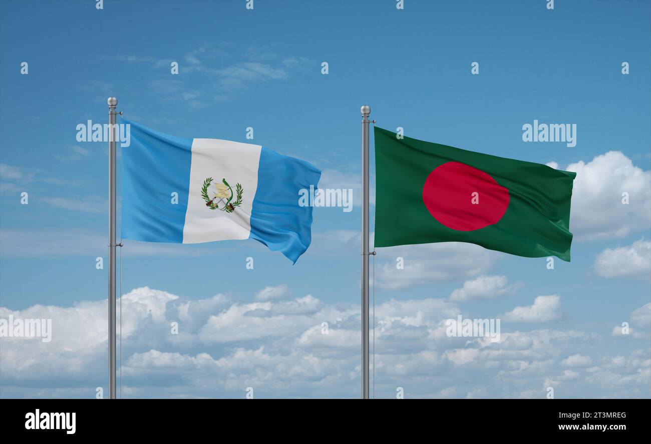 Bangladesh and Guatemala flags waving together on blue cloudy sky, two country relationship ...