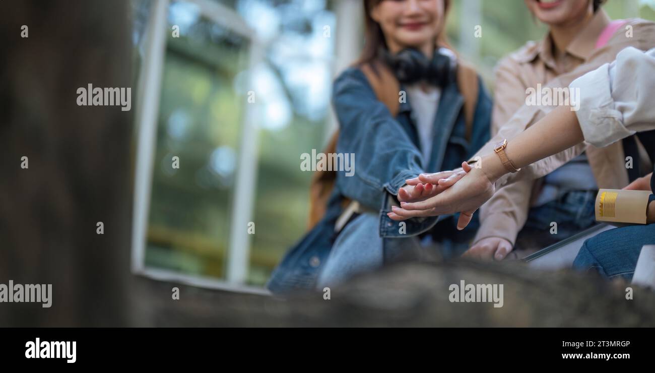 Student university friendship concept with classmate sitting together ...
