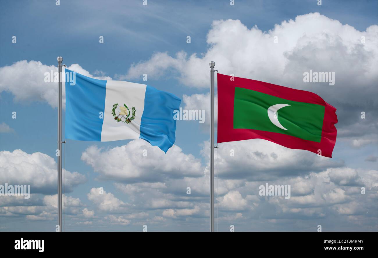 Maldives and Guatemala flags waving together on blue cloudy sky, two country relationship ...