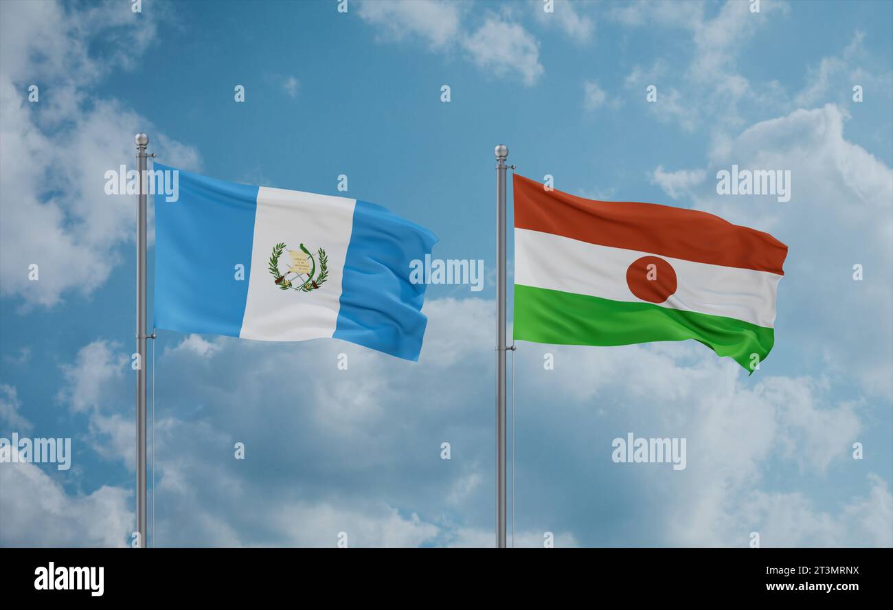 Niger and Guatemala flags waving together on blue cloudy sky, two country relationship concept ...
