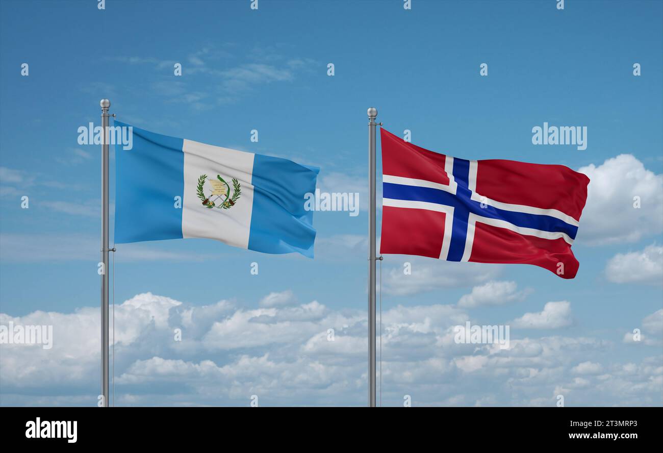 Norway and Guatemala flags waving together on blue cloudy sky, two country relationship concept ...