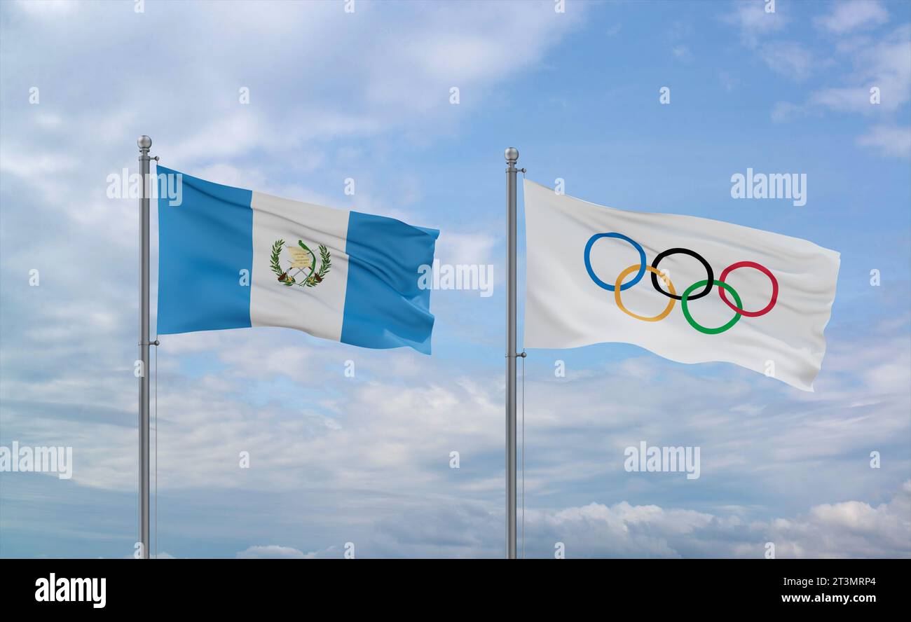 Olympic Games and Guatemala flags waving together in the wind on blue ...