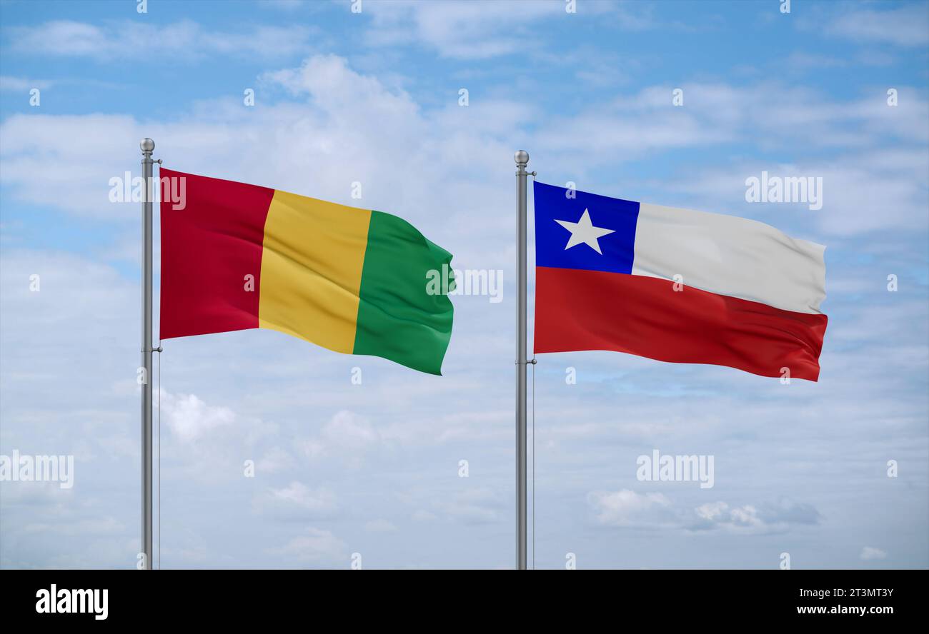 Chile and Guinea-Conakry, Guinea flags waving together on blue cloudy ...