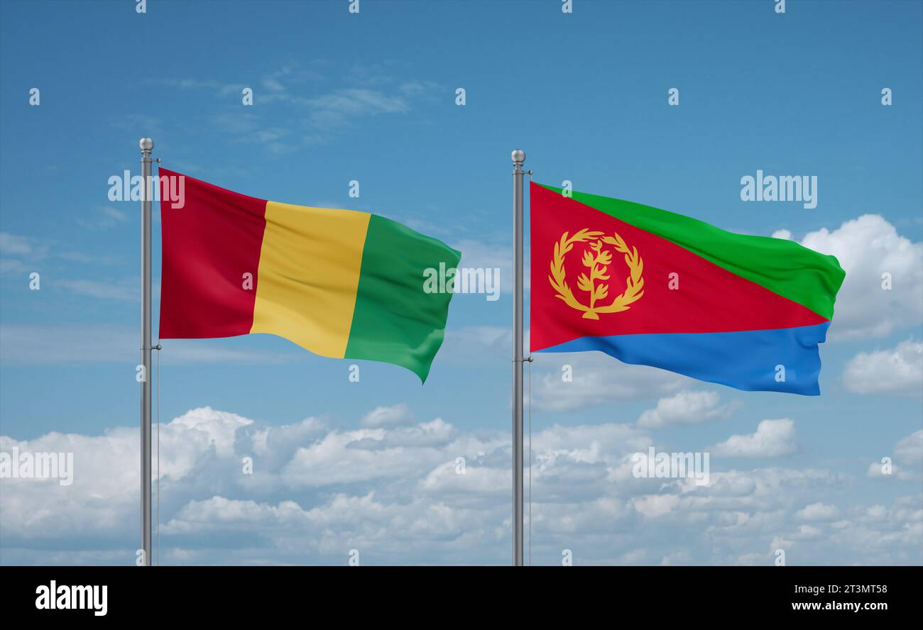 Eritrea and Guinea-Conakry, Guinea flags waving together in the wind on ...