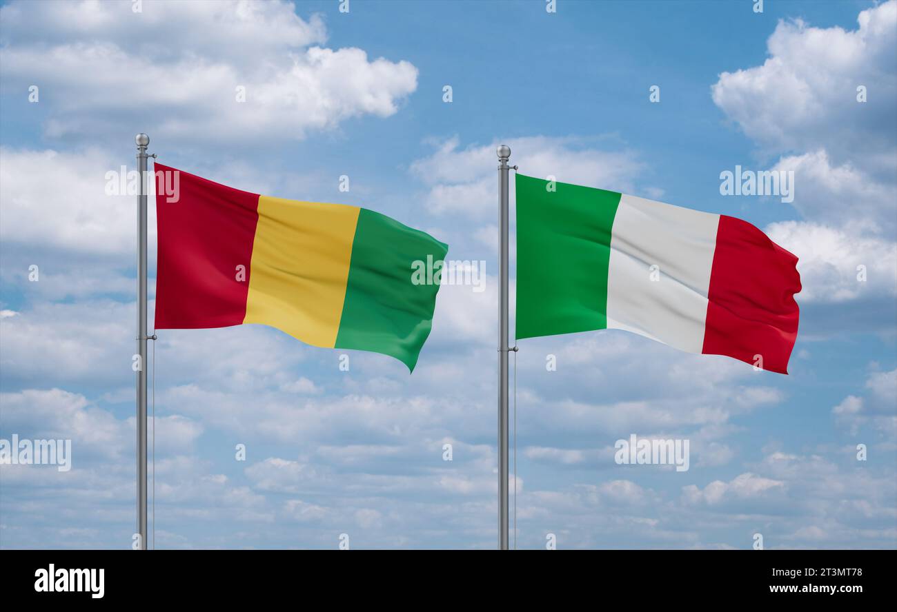 Italy and Guinea-Conakry, Guinea flags waving together in the wind on ...