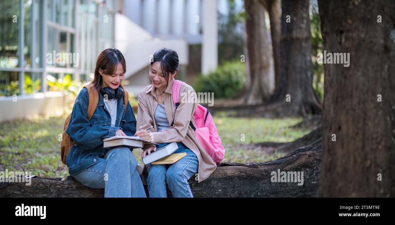 Student university friendship concept with classmate sitting together ...