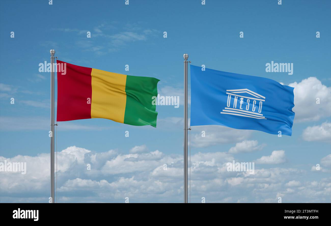 UNESCO and Guinea-Conakry, Guinea flags waving together in the wind on ...