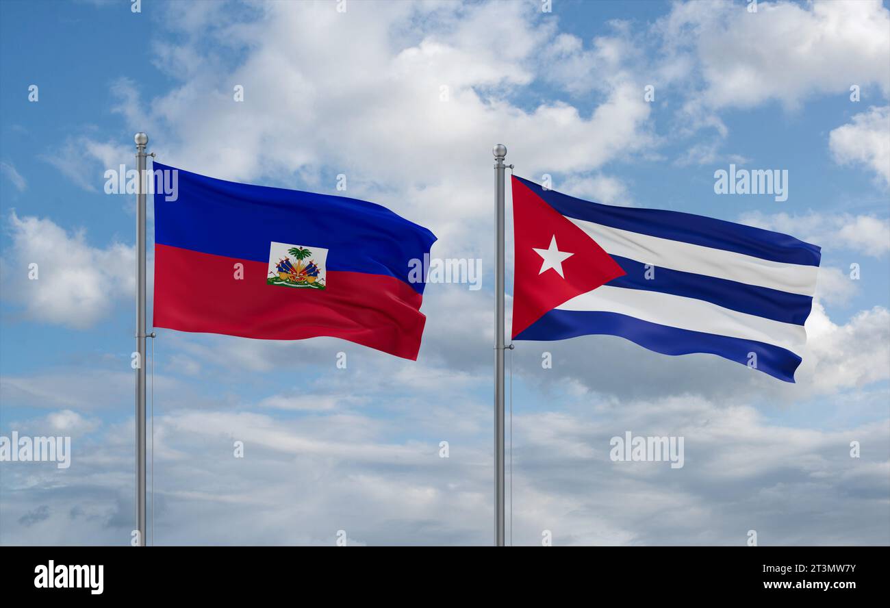 Cuba and Haiti flags waving together in the wind on blue cloudy sky, two country relationship ...