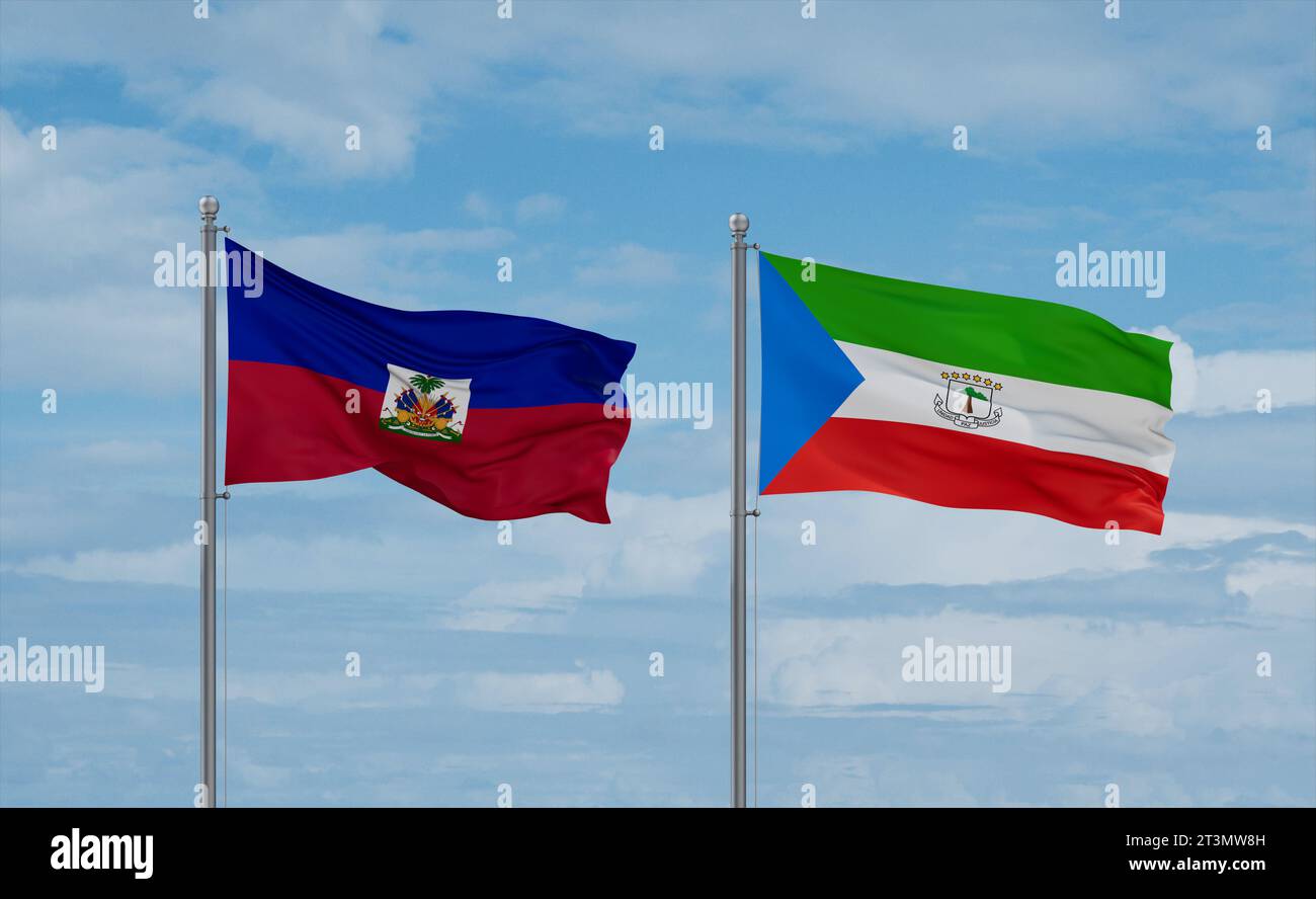 Equatorial Guinea and Haiti flags waving together on blue cloudy sky ...