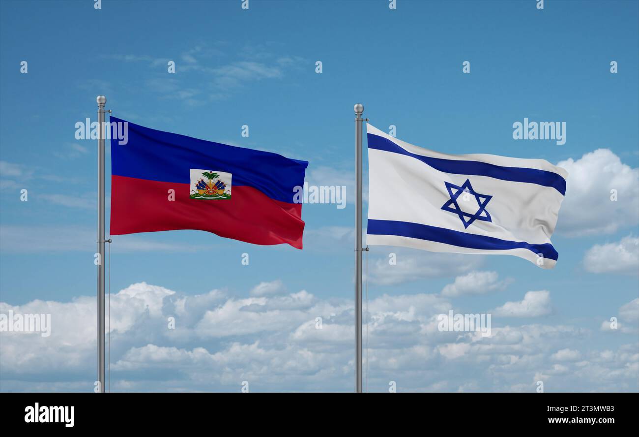 Israel and Haiti flags waving together on blue cloudy sky, two country ...