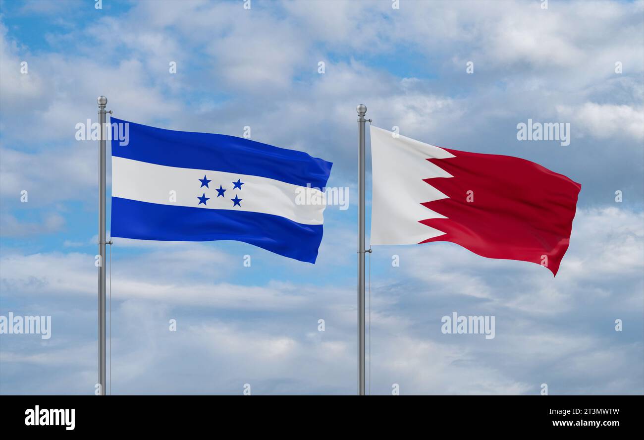 Bahrain and Honduras flags waving together on blue cloudy sky, two country relationship concept ...