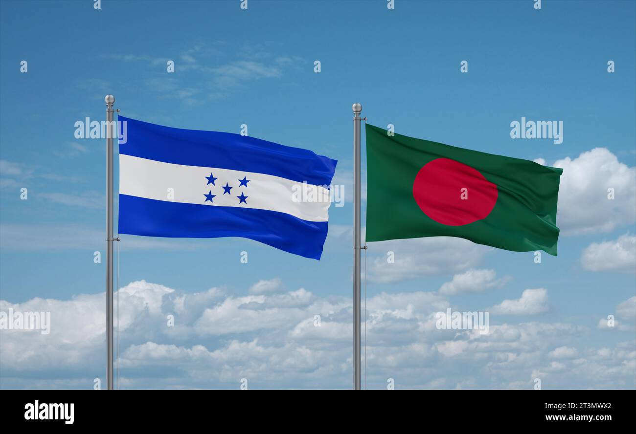 Bangladesh and Honduras flags waving together on blue cloudy sky, two ...
