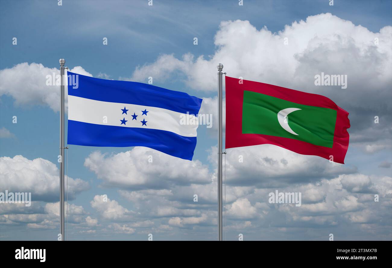 Maldives and Honduras flags waving together on blue cloudy sky, two country relationship concept ...