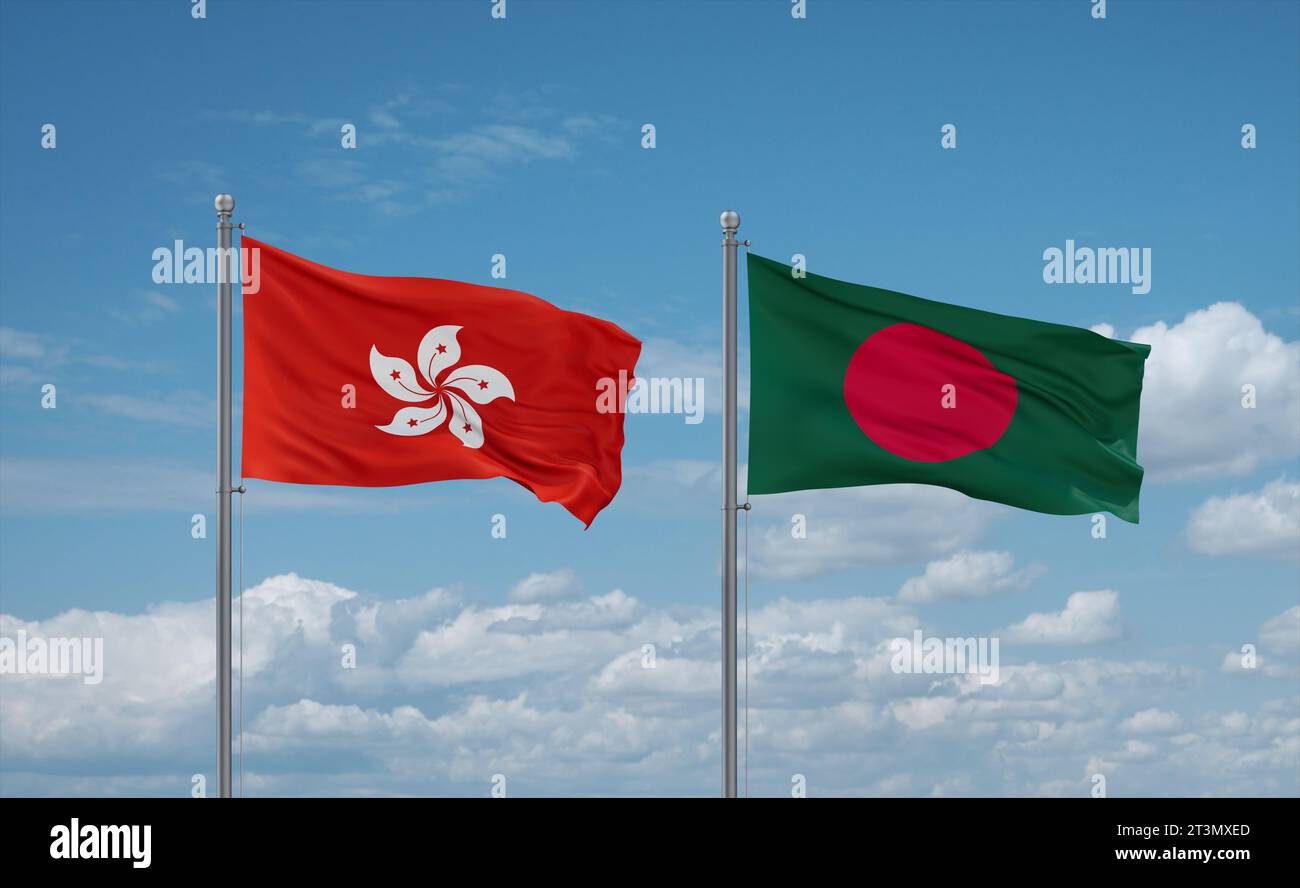Bangladesh and Hong Kong flags waving together on blue cloudy sky, two ...